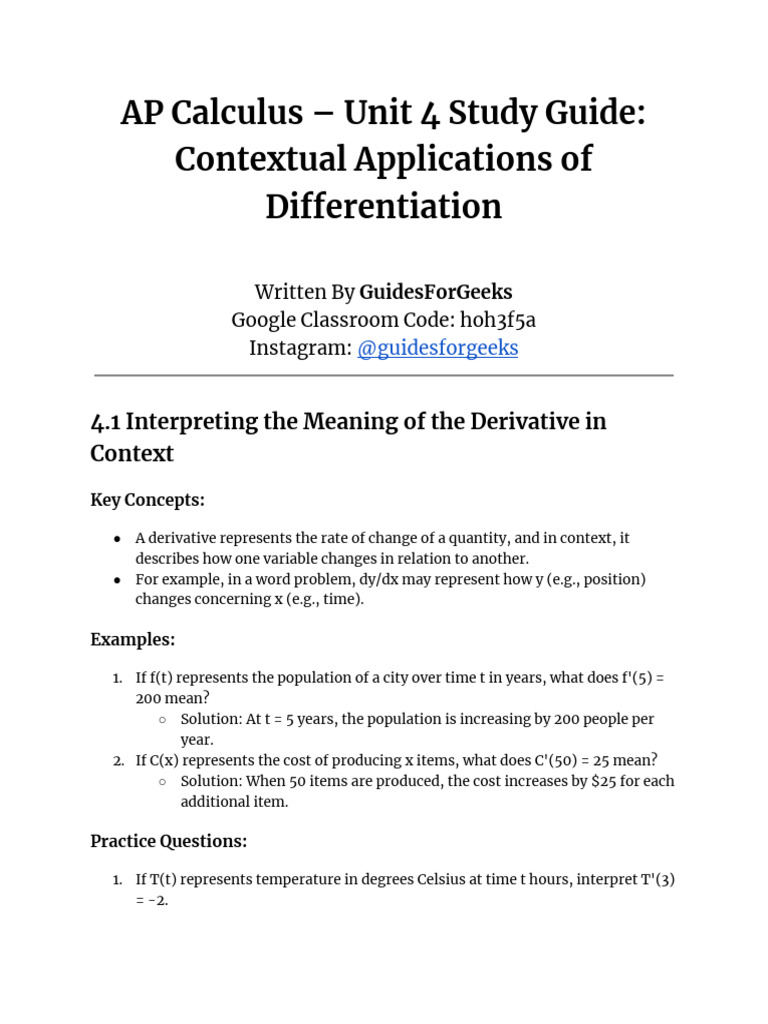AP Calculus Unit 4 Study Guide | PDF | Derivative | Sphere