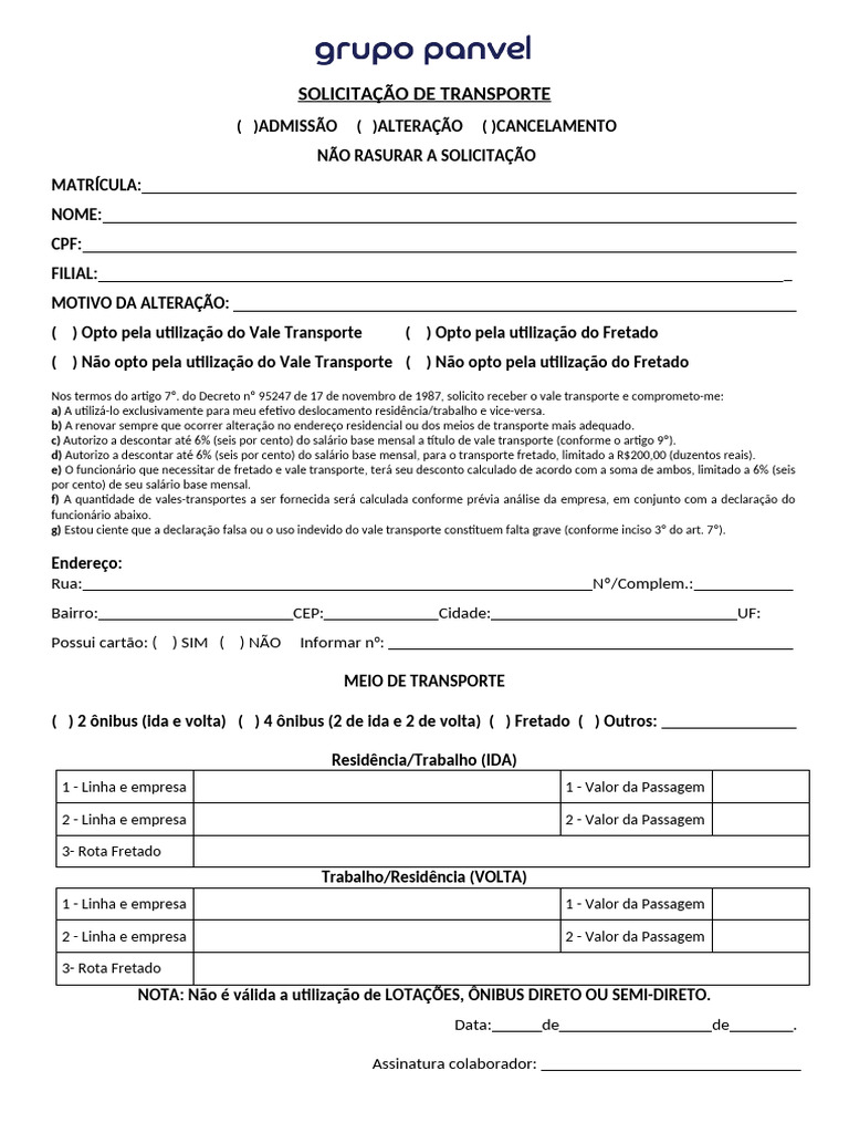 Formulário de Vale Transporte - Grupo Panvel | PDF