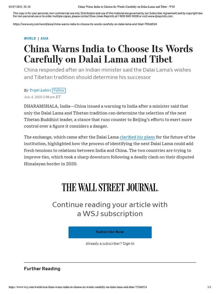 China Warns India To Choose Its Words Carefully On Dalai Lama and Tibet - WSJ | PDF | Tibet ...