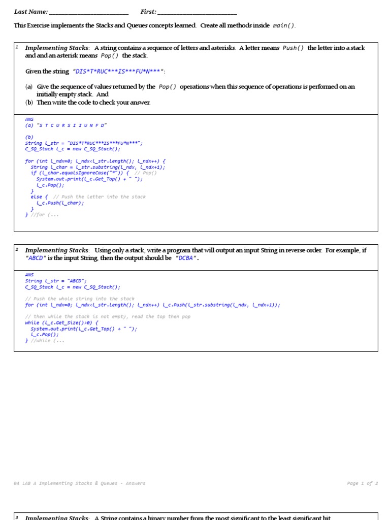 04 Lab A Implementing Stacks And Queues Answers Pdf Queue Abstract Data Type String