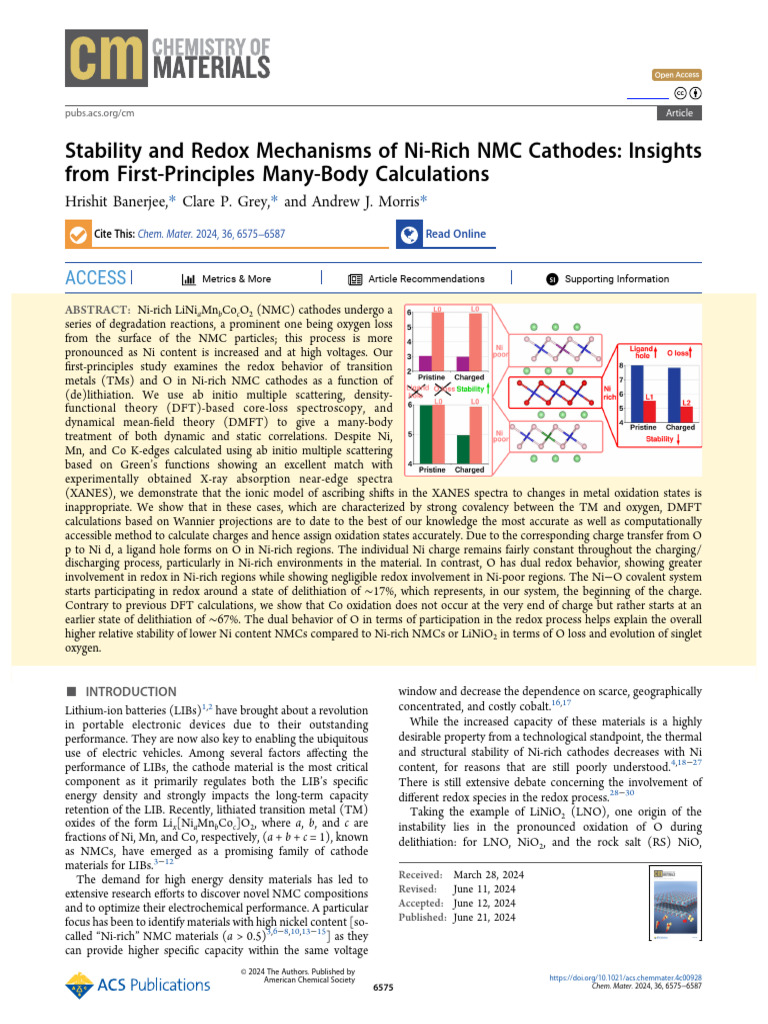 Banerjee Et Al 2024 Stability and Redox Mechanisms of Ni Rich NMC Cathodes Insights From First ...