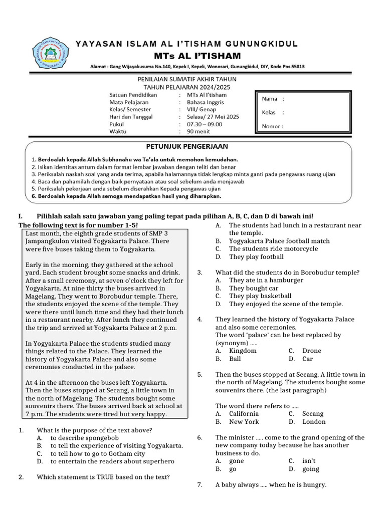 Soal UAS Kelas 8 SMSTR Genap Mei 2025 | PDF