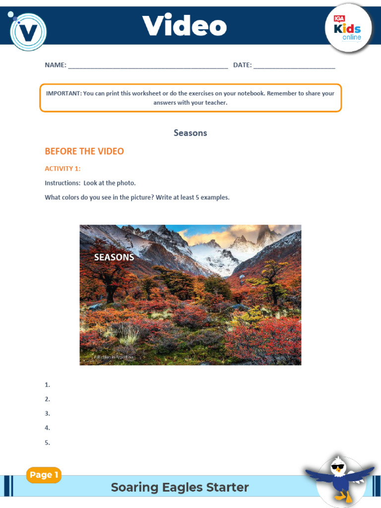 Soaring Eagles Starter - Day 13 - PDP Worksheet - Seasons | PDF