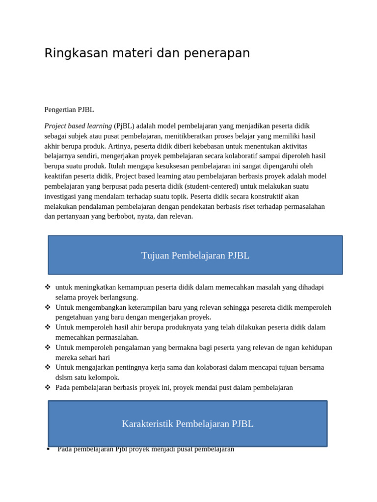 Ringkasan materi pjbl pjbl pembelajaran | PDF