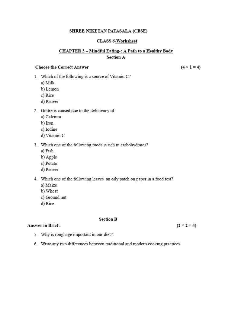 Class 6 Mindful Eating Worksheet | PDF | Diet (Nutrition) | Diet ...