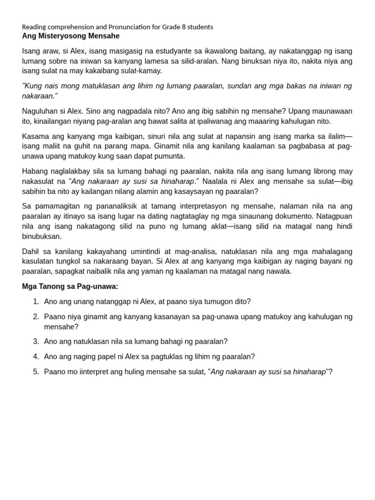 Grade 8 Reading Comprehension Filipino | PDF