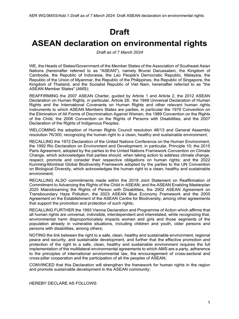 Draft ASEAN Declaration On Environmental Rights | PDF | Environmental ...