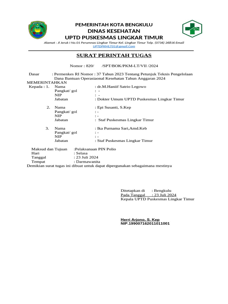 Surat Tugas Dan TTD Kepsek Pin Polio | PDF