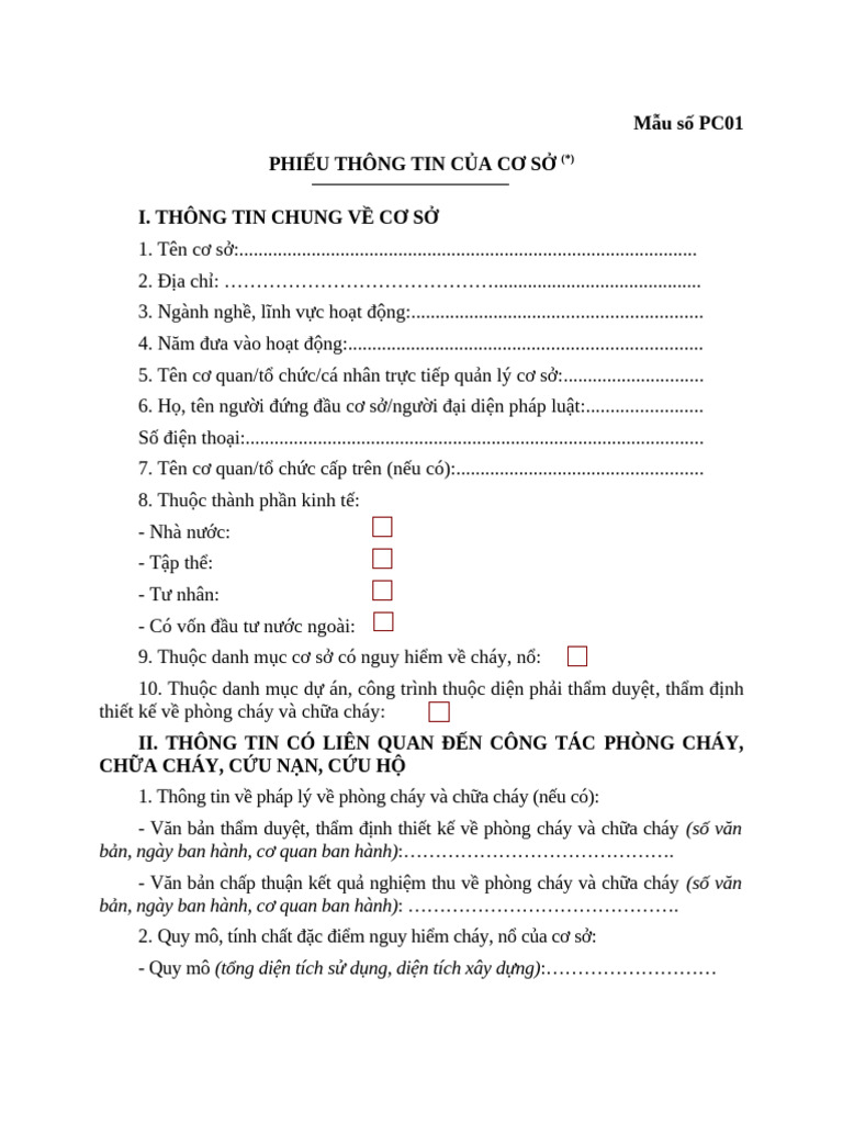 Mẫu số PC01 Phiếu Thông Tin Của Cơ Sở I. Thông Tin Chung Về Cơ Sở | PDF