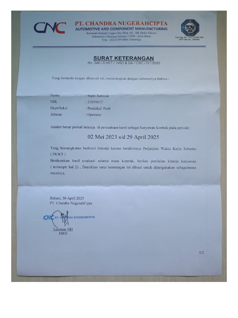 Surat Keterangan Sepri Santosa | PDF
