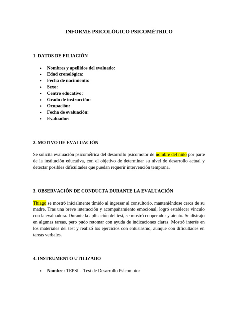 MODELO DE INFORME - Tepsi Test de Desarrollo Psicomotor | PDF ...