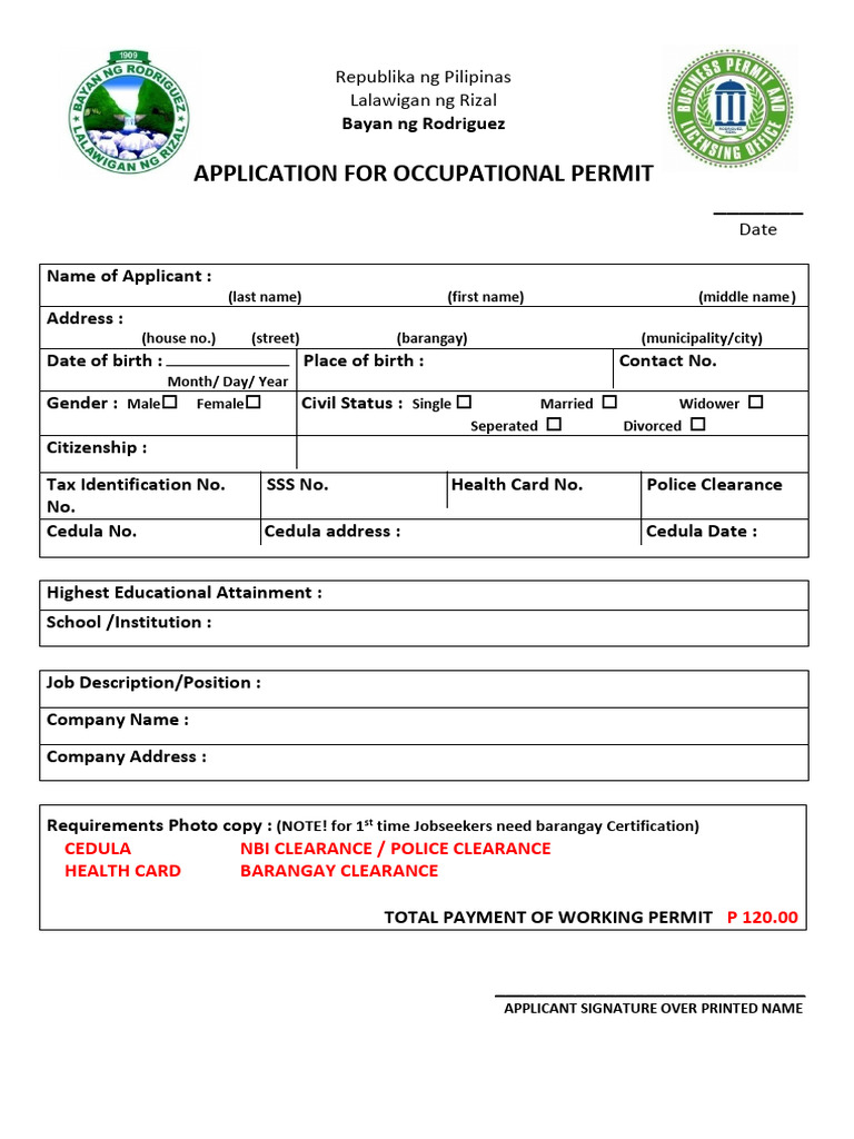 Occupational Permit Application Form | PDF
