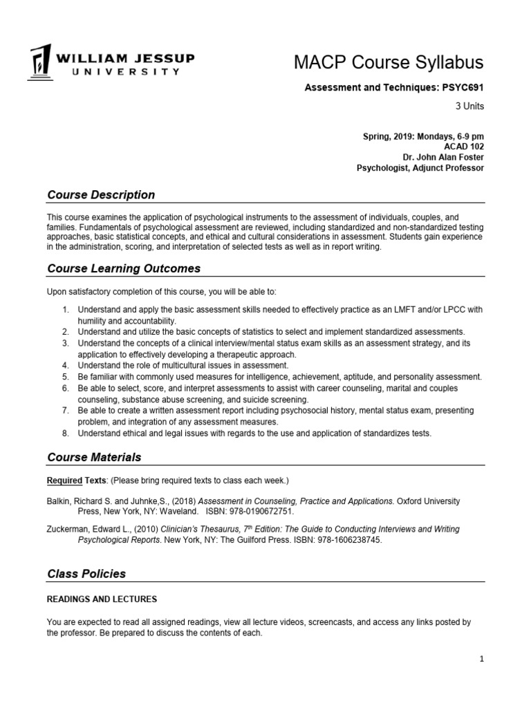 PSYC691 Assessment Measures Techniques Syllabus 1.14.19 | PDF | Plagiarism | Psychology