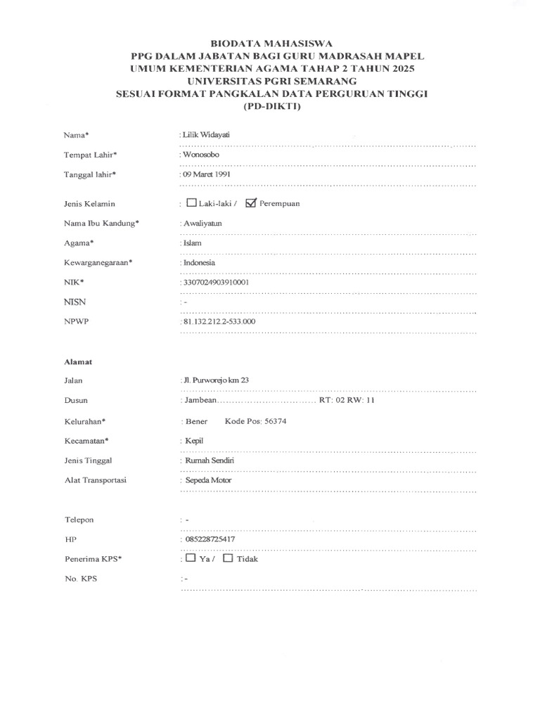 Biodata Mahasiswa | PDF