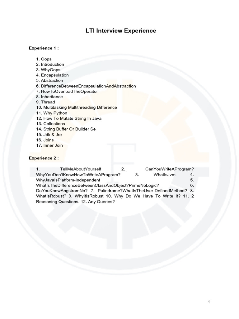 LTI Interview Experience | PDF | Inheritance (Object Oriented Programming) | Computer Programming
