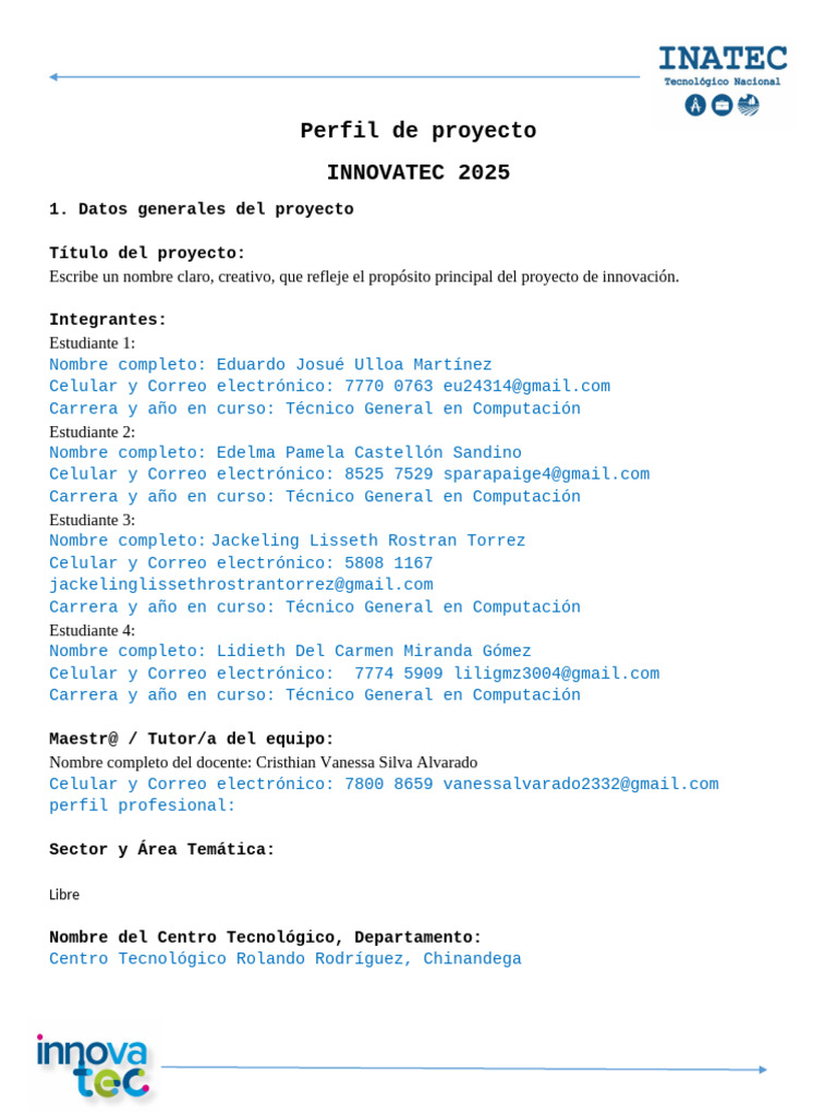 Estructura - Perfil de Proyecto INNOVATEC Version Perfec | PDF | Aplicación movil | Enseñando