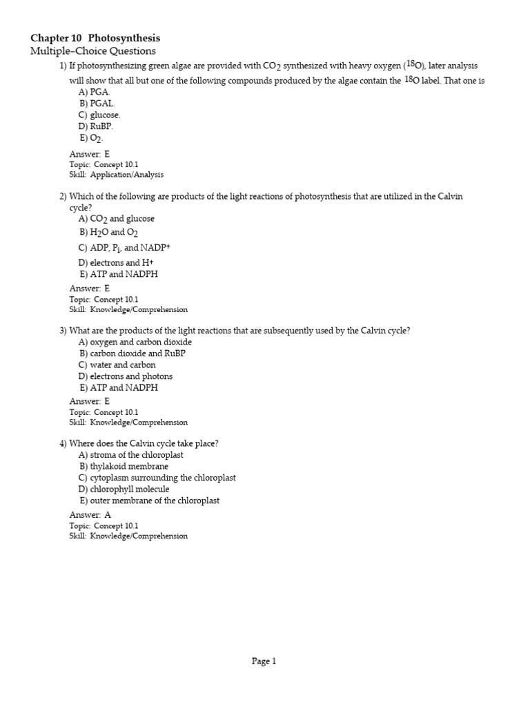 Photosynthesis Multiple Choice | PDF | Photosynthesis | Cellular ...