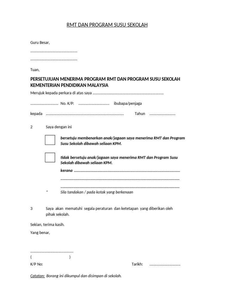 Surat RMT Dan Susu Ibubapa | PDF