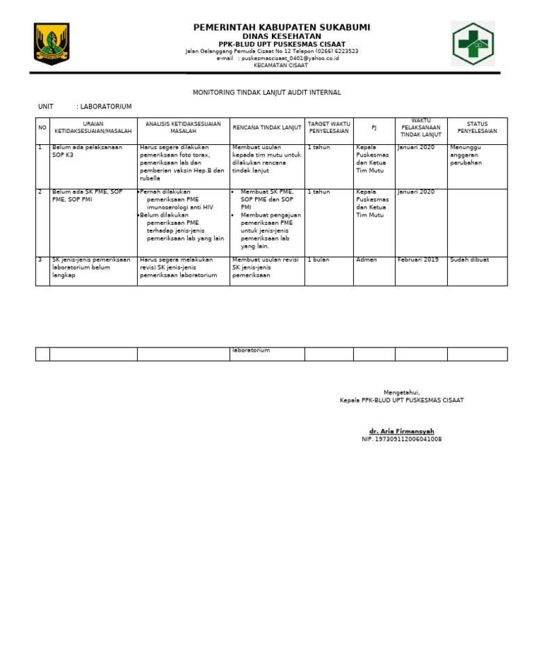 Monitoring Tindak Lanjut Audit Internal Laboratorium | PDF