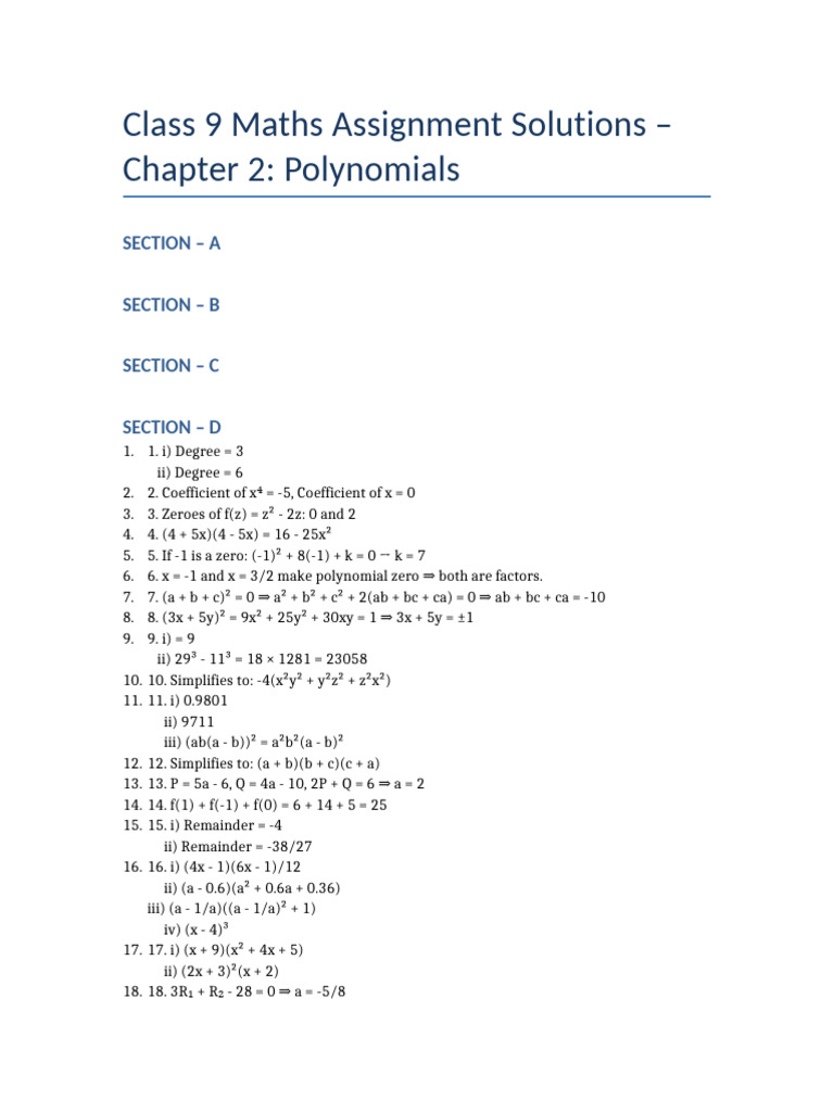 Polynomials Assignment Solutions Class9 | PDF