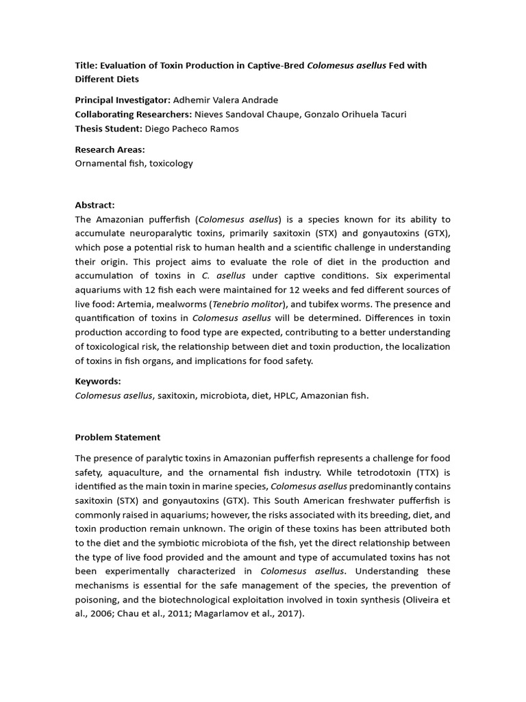 Evaluation of Toxin Production in Captive-Bred Colomesus Asellus Fed ...