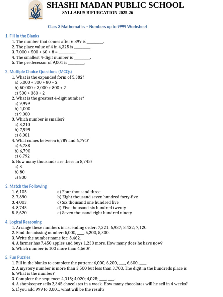 Class 3 Math Numbers Worksheet | PDF