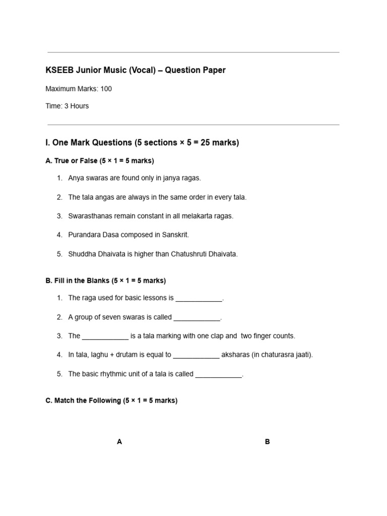 KSEEB Junior Music (Vocal) - Question Paper | PDF | Musicology ...