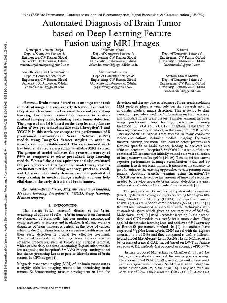 Automated Diagnosis of Brain Tumor Based On Deep Learning Feature Fusion Using MRI Images | PDF ...