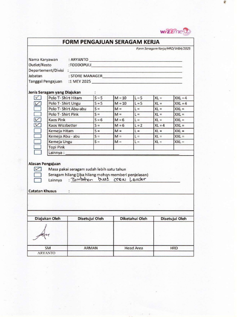 Form Pengajuan Seragam Outlet Toddopuli | PDF