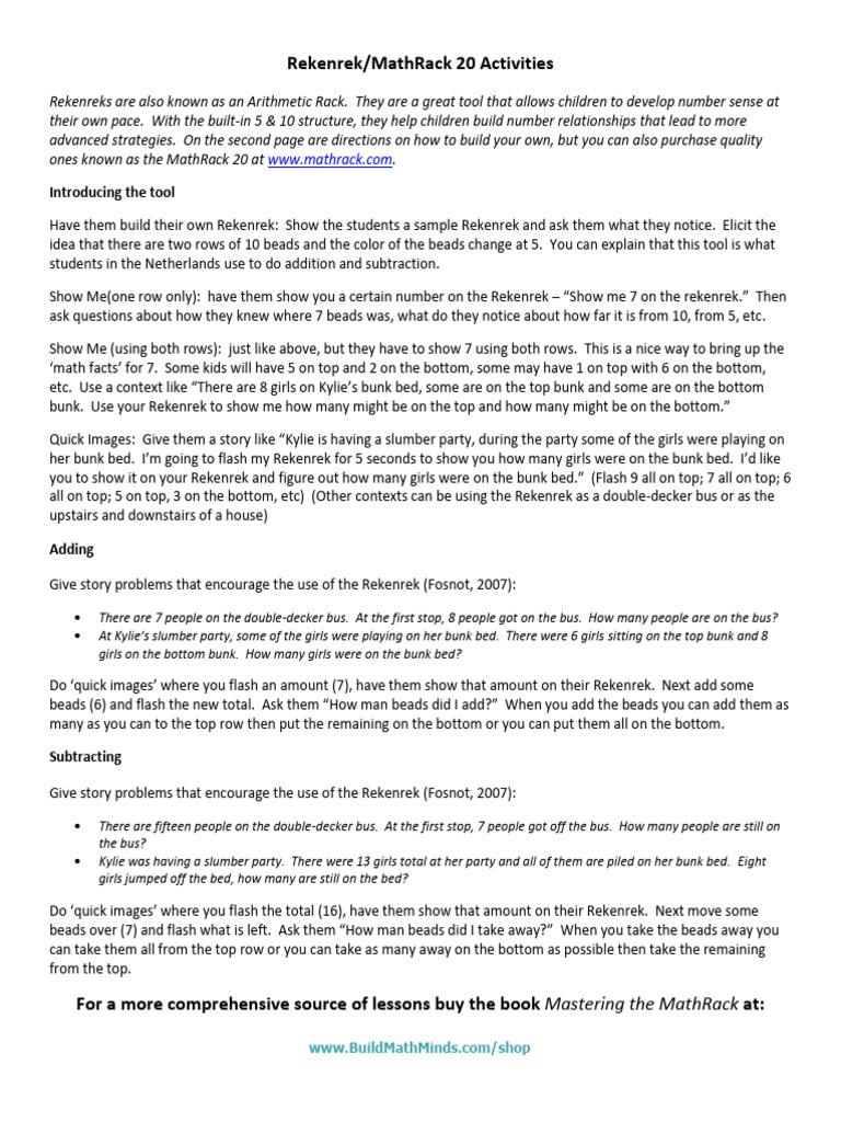 Rekenrek Activities Directions | PDF