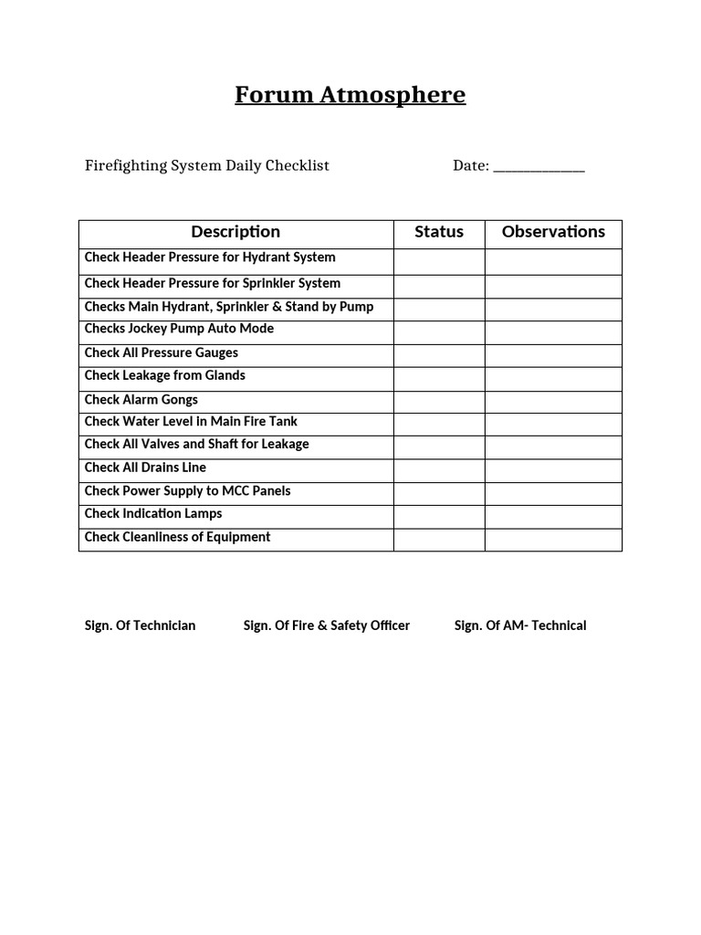 Fire Fighting System Daily Checks | PDF
