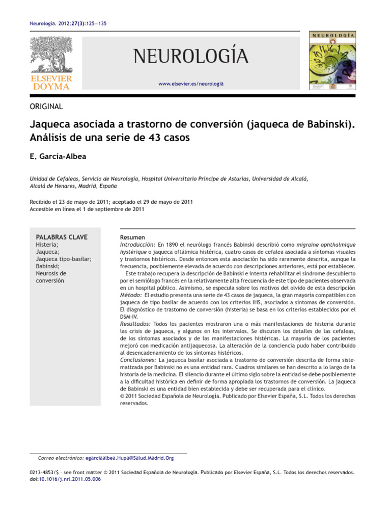 Neurología: Jaqueca Asociada A Trastorno de Conversión (Jaqueca de ...