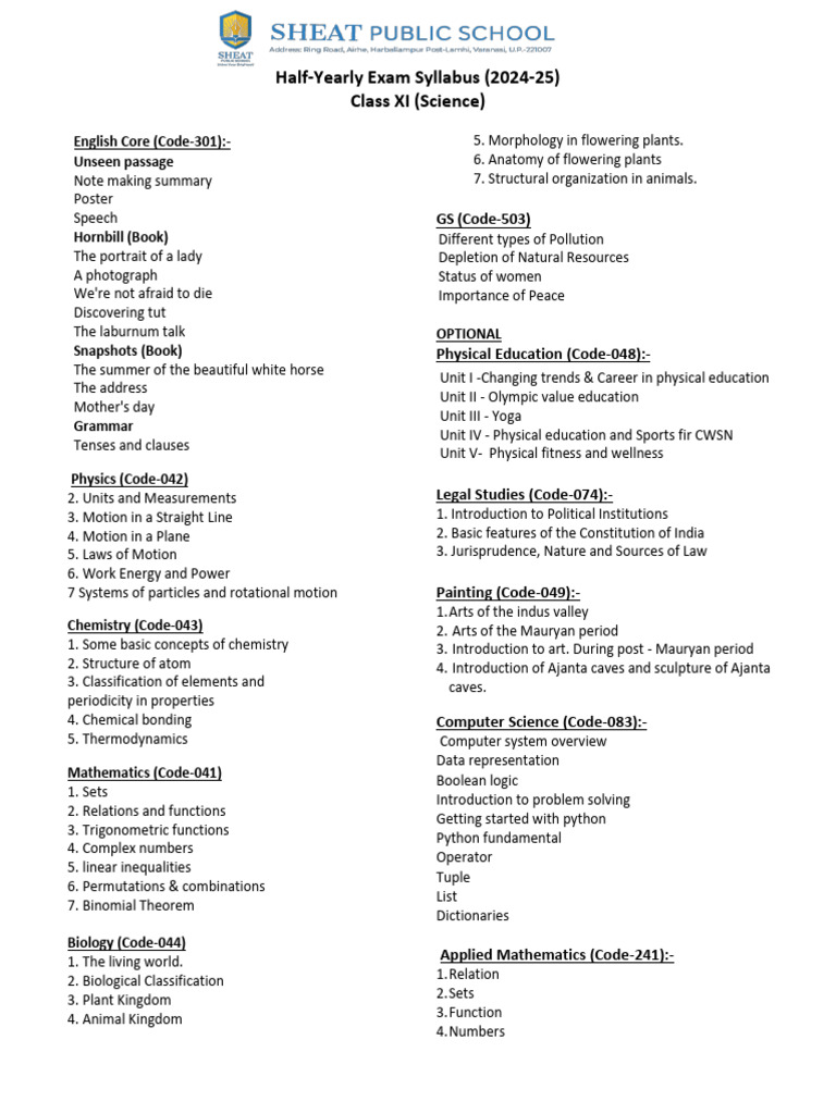 Class XI Sci. HY Syllabus 2024 | PDF | Chemistry