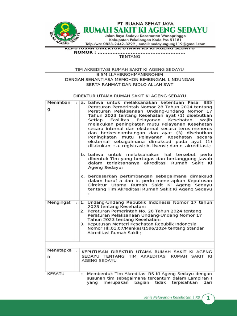 SK Tim Akreditasi RS KiAS 2024 Progress | PDF