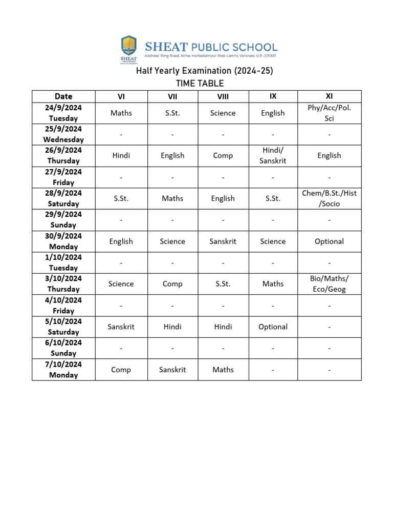 Class VI To IX & XI Half Yearly Time Table 2024-25 | PDF