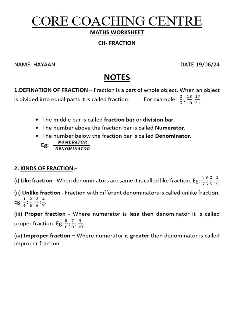 Class 2 Fractions Worksheet | PDF