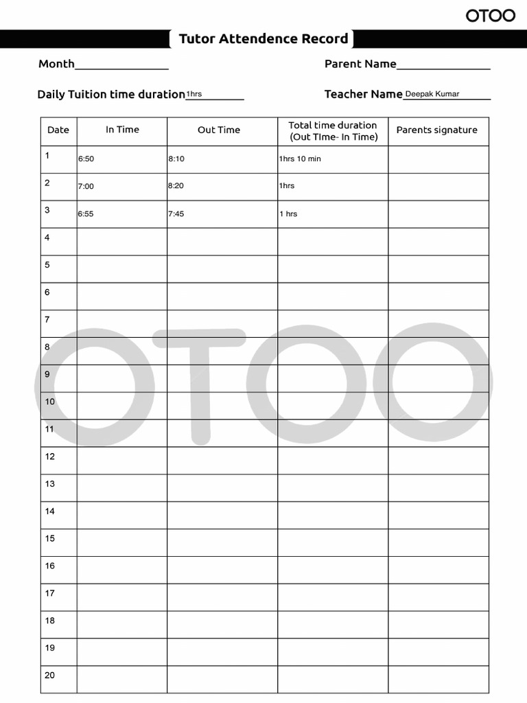 Teacher Attendence Sheet | PDF