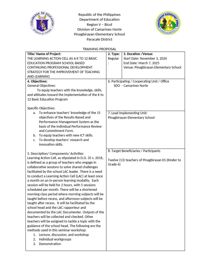K to 12 Teacher Training Proposal | PDF | Teachers | Cognition