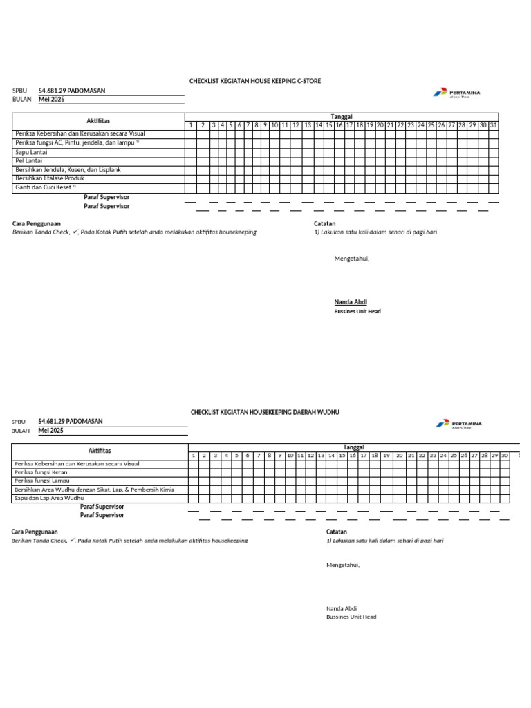 Checklist Housekeeping SPBU Mei-Juli 2025 | PDF
