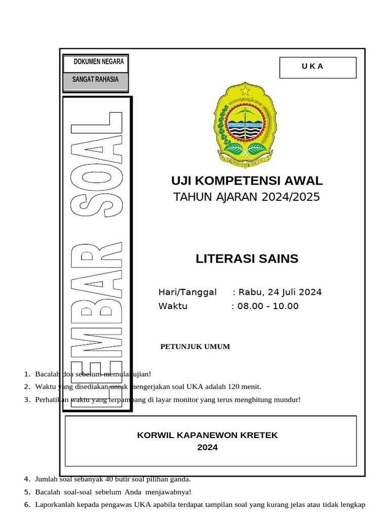 3.a Naskah Soal UKA Literasi Sains KRETEK 2024 | PDF
