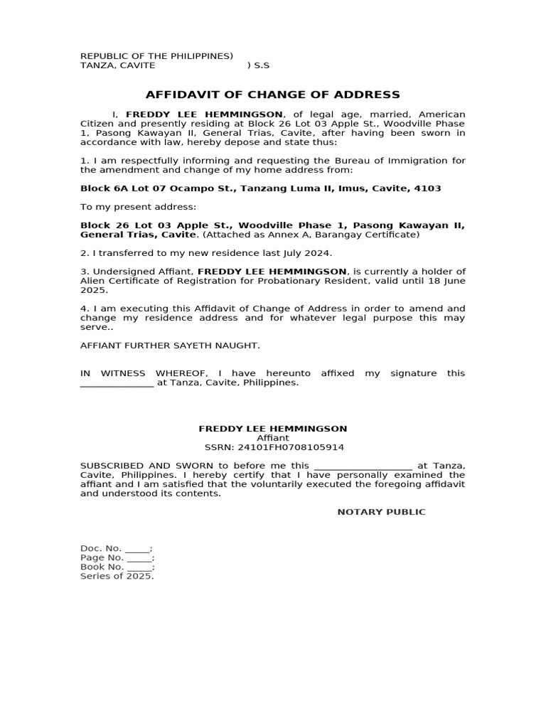 Affidavit of Change of Address-Hemmingson | PDF