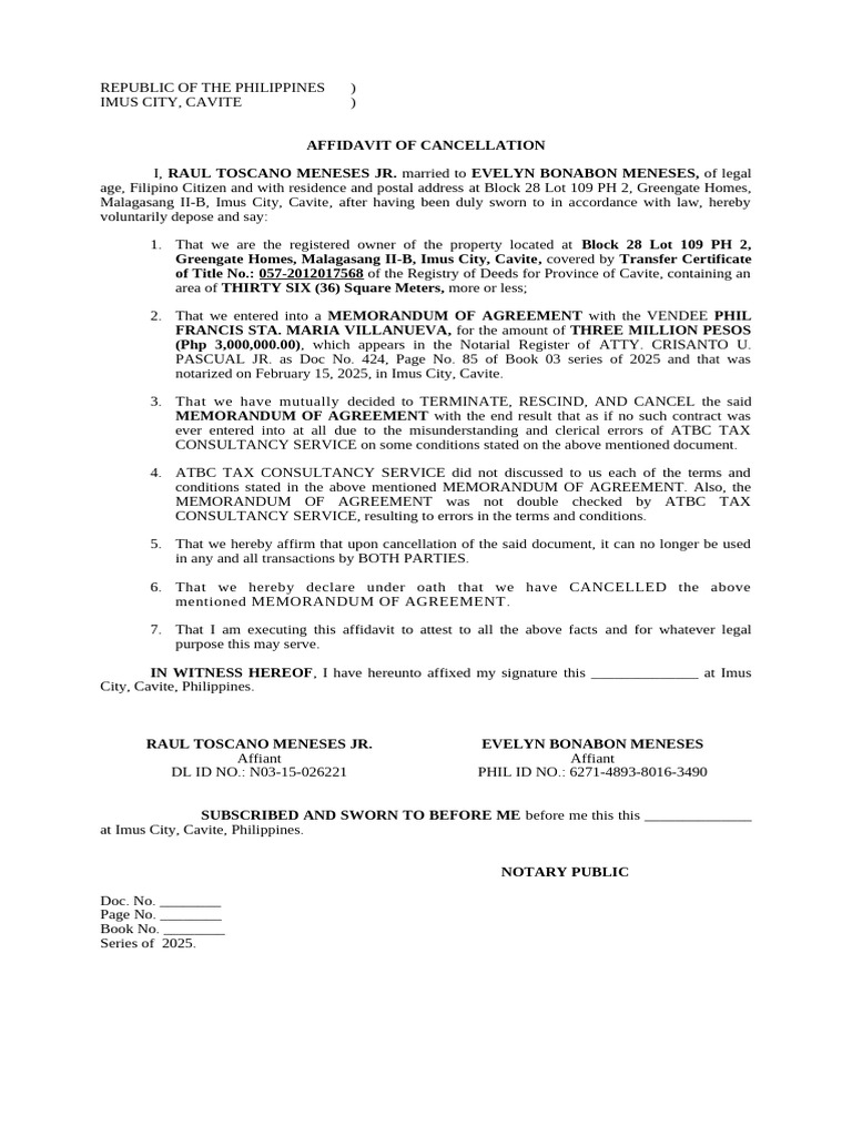 Affidavit of Cancellation-Meneses | PDF | Affidavit | Notary Public