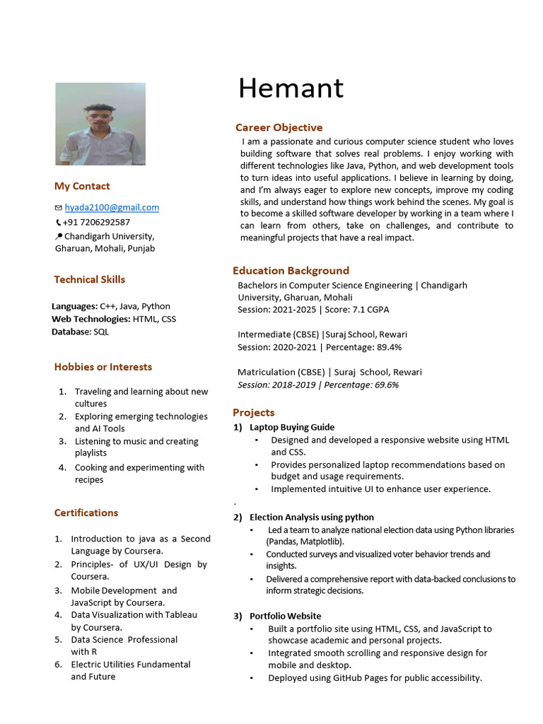 21BCS4915 - Hemant Resuma New | PDF | Web Development | Software