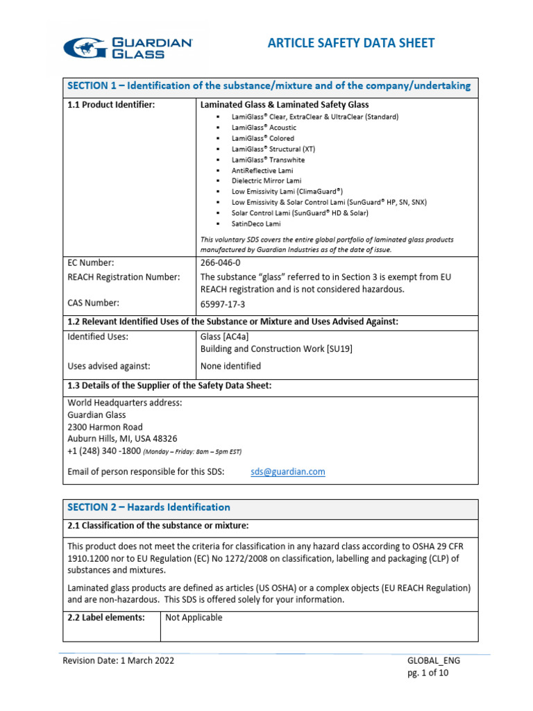 Guardian Laminated Glass Safety Data Sheet | PDF | Volatile Organic ...