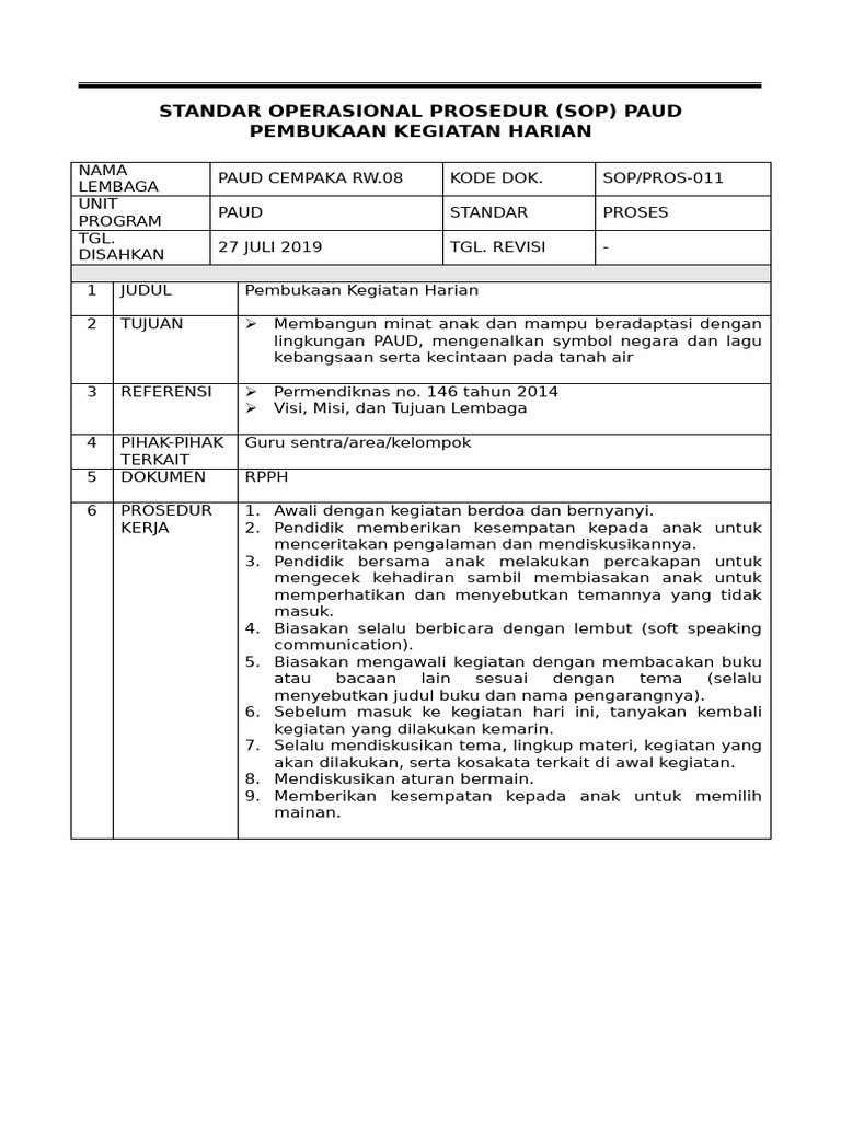 11-Sop Paud - Pembukaan Kegiatan Harian | PDF