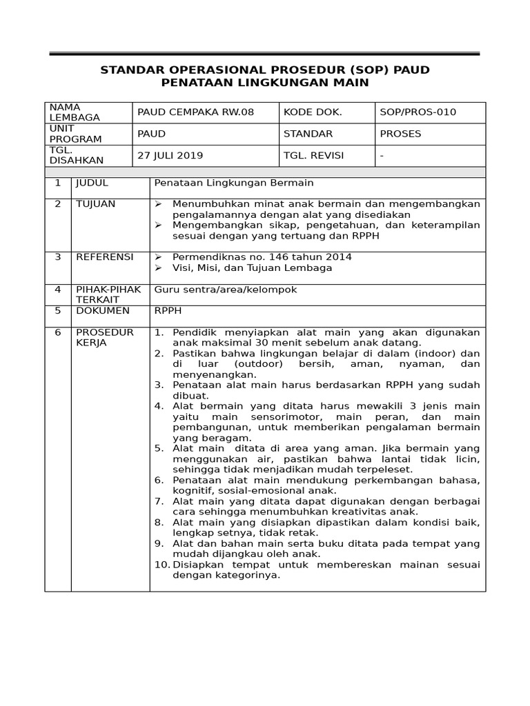 10-Sop Paud - Penataan Lingkungan Main | PDF