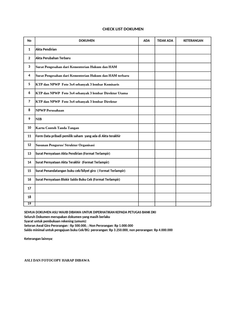 Checklist Dokumen Pembukaan Rekening Bank | PDF