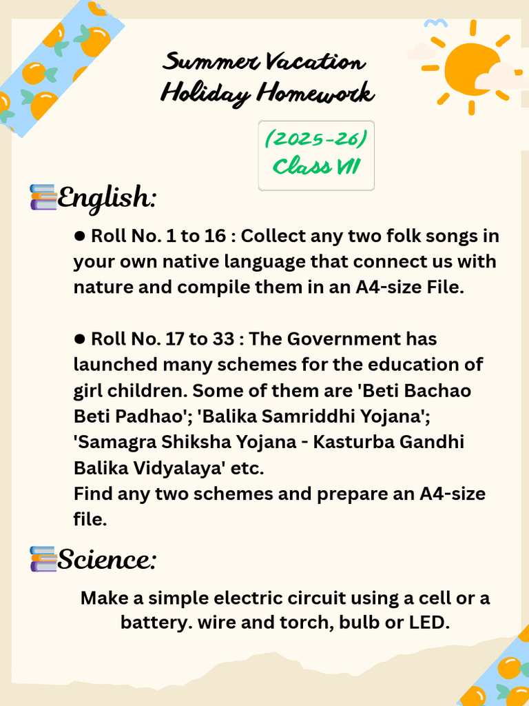 Summer Holiday Homework Class 7 | PDF