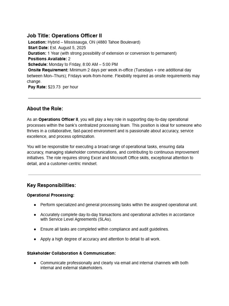 Operations Officer II Job in Mississauga | PDF | Regulatory Compliance ...
