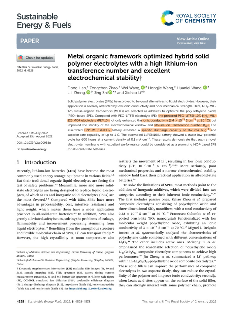 Sustainable Energy & Fuels: Paper | PDF | Electrochemistry | Lithium ...